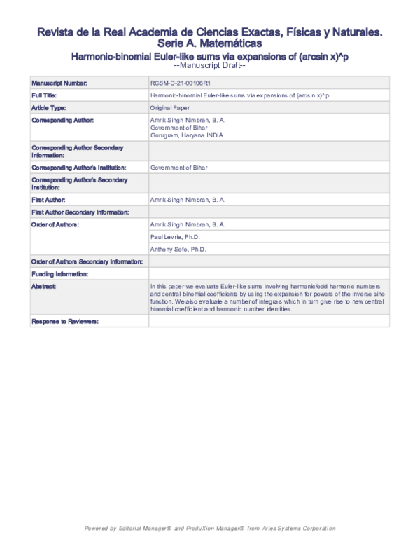 (PDF) Harmonic-binomial Euler-like sums via expansions of $$(\arcsin x)^p$$