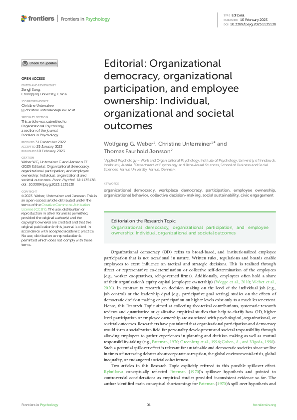 (PDF) Editorial: Organizational democracy, organizational participation ...
