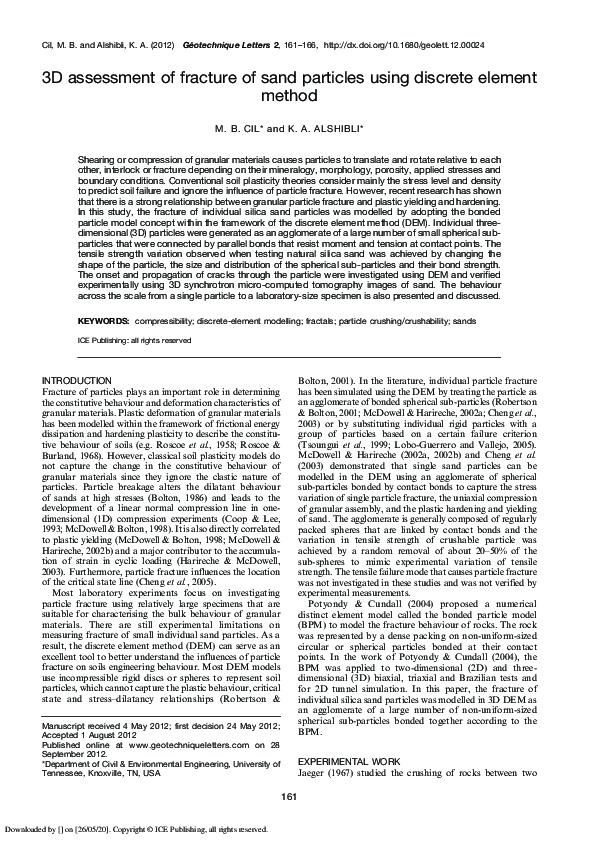 Pdf 3d Assessment Of Fracture Of Sand Particles Using Discrete Element Method