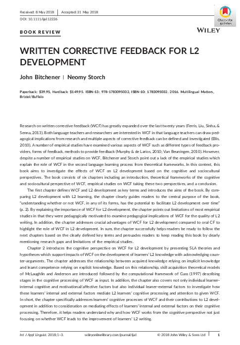 (PDF) Written Corrective Feedback for L2 Development: Current Knowledge and Future Research