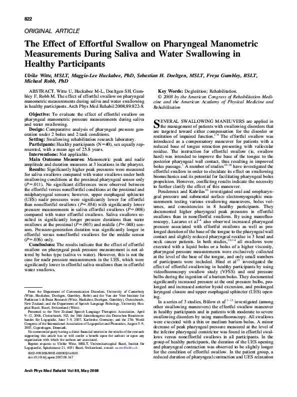 (PDF) The Effect of Effortful Swallow on Pharyngeal Manometric ...