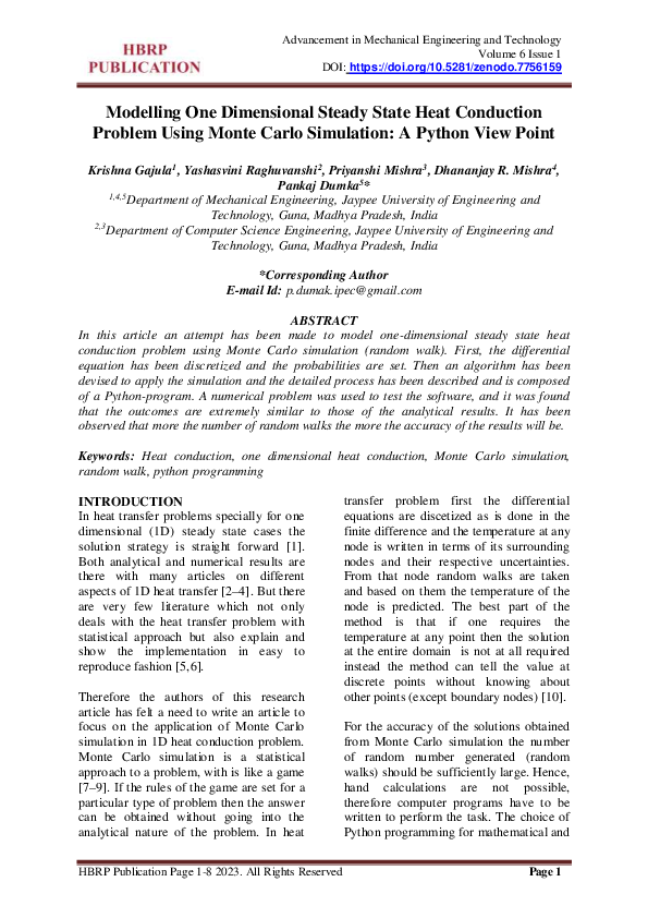 (PDF) Modelling One Dimensional Steady State Heat Conduction Problem Using Monte Carlo ...