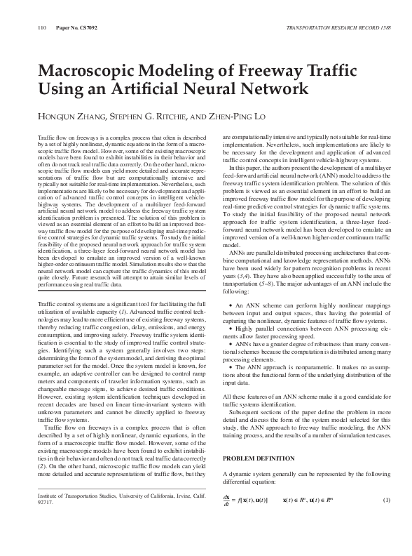 (PDF) Macroscopic Modeling of Freeway Traffic Using an Artificial Neural Network