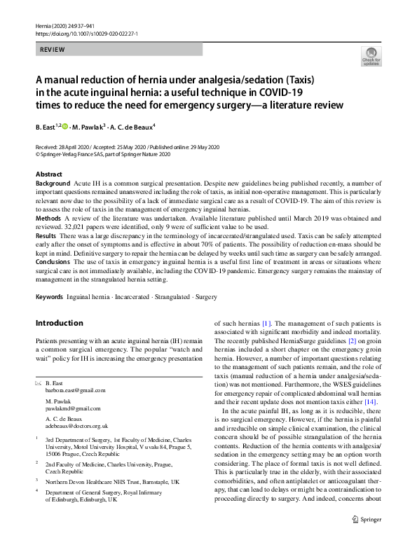 (PDF) A manual reduction of hernia under analgesia/sedation (Taxis) in ...
