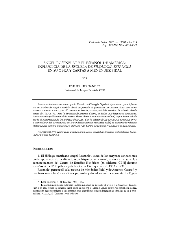 (PDF) Ángel Rosenblat y el español de América: influencia de la Escuela ...