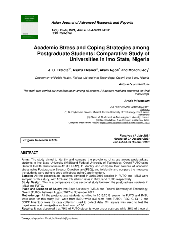 (PDF) Academic Stress and Coping Strategies among Postgraduate Students: Comparative Study of ...