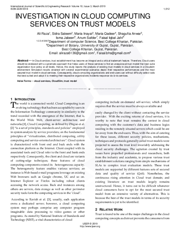 (PDF) Investigation in Cloud Computing Services on Trust Models