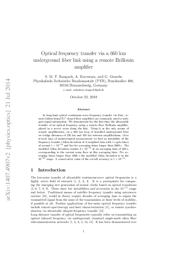 (PDF) Optical frequency transfer via a 660 km underground fiber link ...