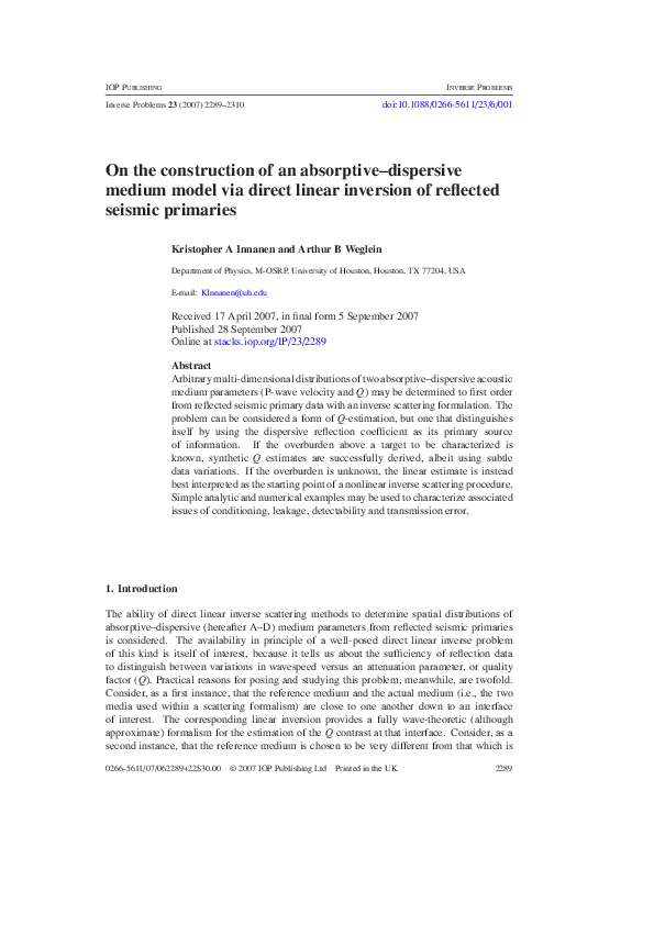 (PDF) On the construction of an absorptive–dispersive medium model via direct linear inversion ...