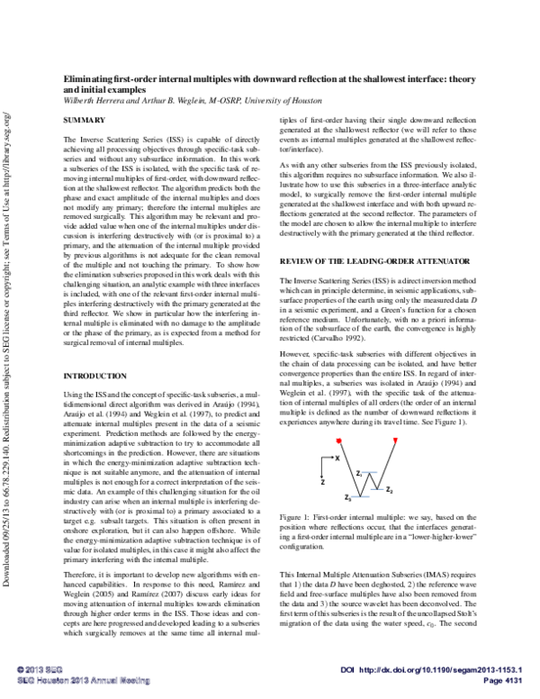 (PDF) Eliminating first-order internal multiples with downward reflection at the shallowest ...