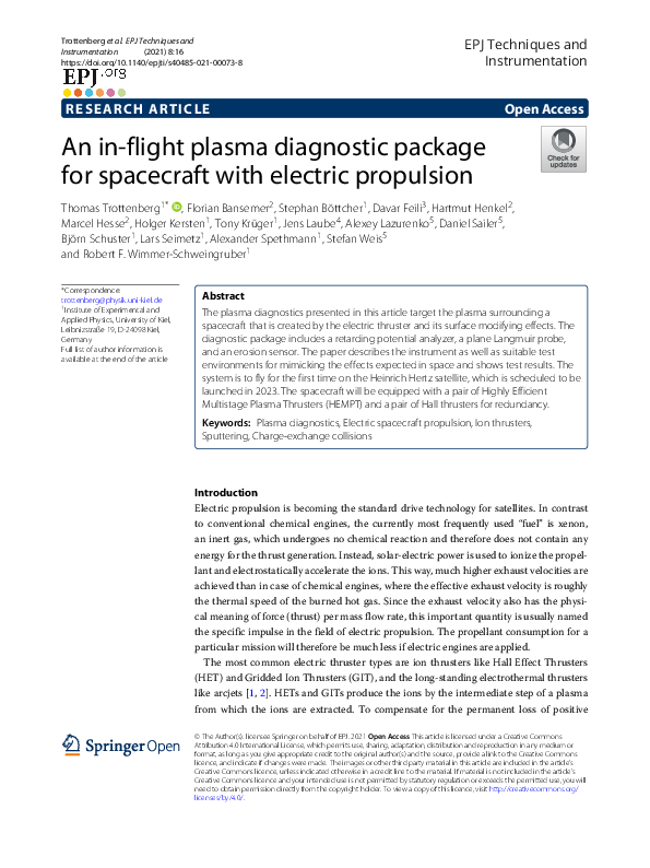 (PDF) An in-flight plasma diagnostic package for spacecraft with electric propulsion | Thomas ...