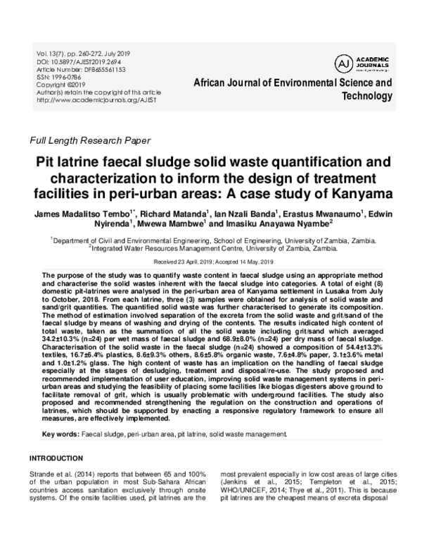 (PDF) Pit latrine faecal sludge solid waste quantification and characterization to inform the ...