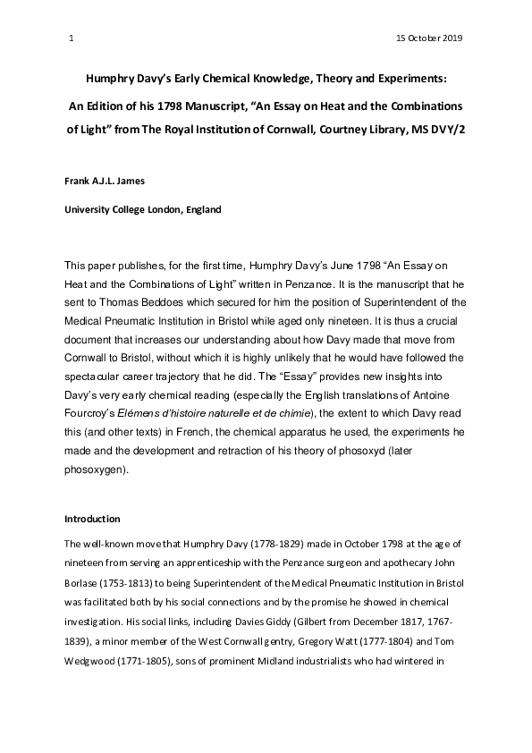 (PDF) Humphry Davy’s Early Chemical Knowledge, Theory and Experiments: An Edition of His 1798 ...