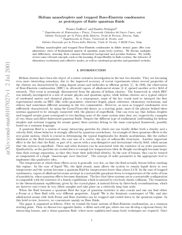 Pdf Helium Nanodroplets And Trapped Bose Einstein Condensates As Prototypes Of Finite Quantum