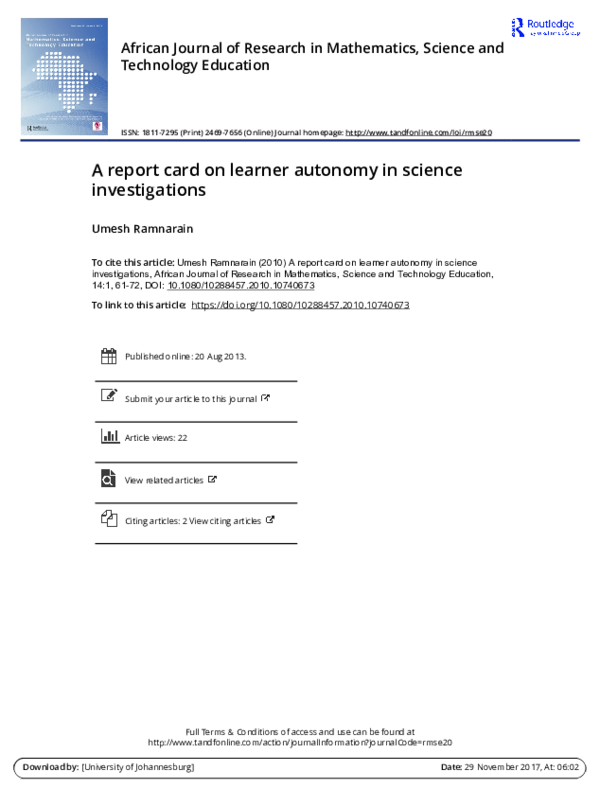 (PDF) A report card on learner autonomy in science investigations