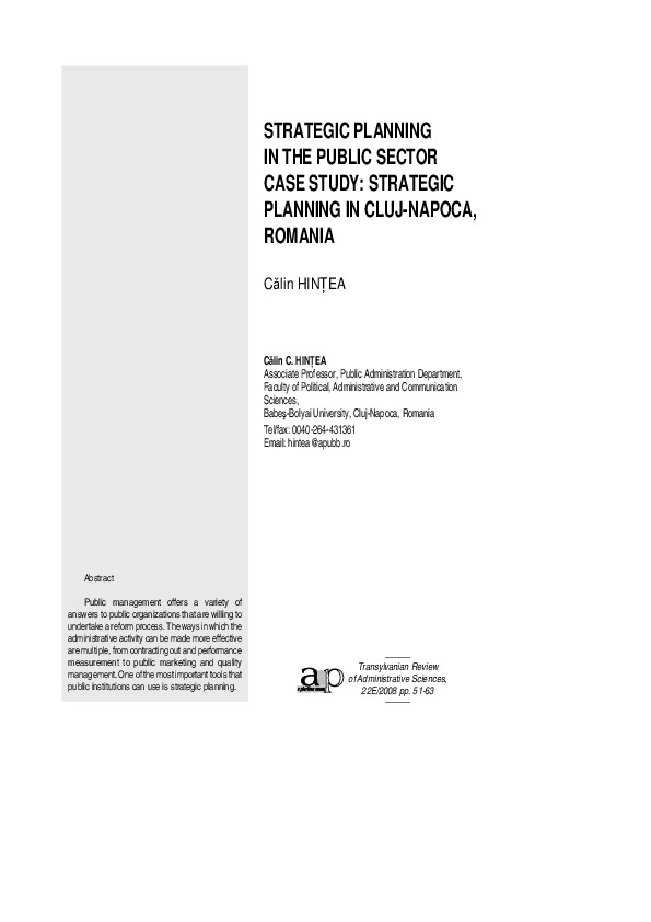(PDF) Strategic Planning in the Public Sector Case Study: Strategic Planning in Cluj-Napoca, România