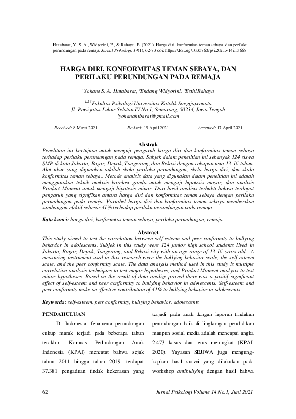 (PDF) Harga Diri, Konformitas Teman Sebaya, Dan Perilaku Perundungan Pada Remaja | Yohana ...