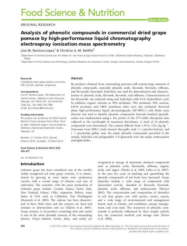 (PDF) Analysis of phenolic compounds in commercial dried grape pomace by high‐performance liquid ...