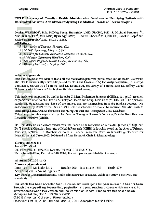 Pdf Accuracy Of Canadian Health Administrative Databases In Identifying Patients With