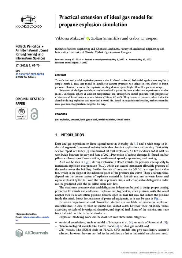 (PDF) Practical extension of ideal gas model for propane explosion ...