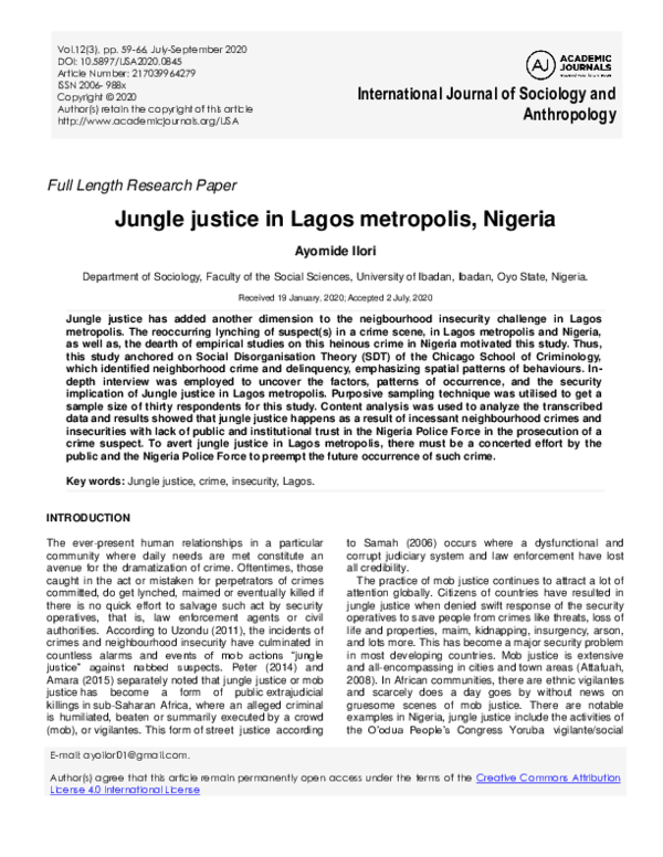(PDF) Jungle justice in Lagos metropolis, Nigeria | Ilori Ayomide ...