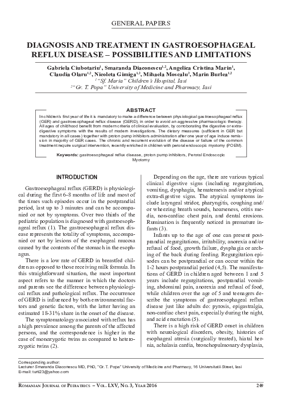 (PDF) Diagnosis and Treatment in Gastroesophageal Reflux Disease – Possibilities and Limitations