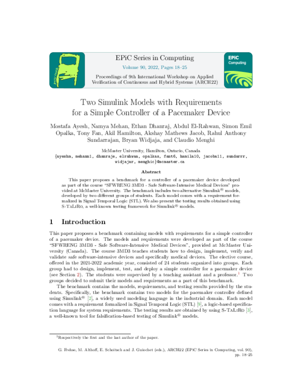 Pdf Two Simulink Models With Requirements For A Simple Controller Of A Pacemaker Device