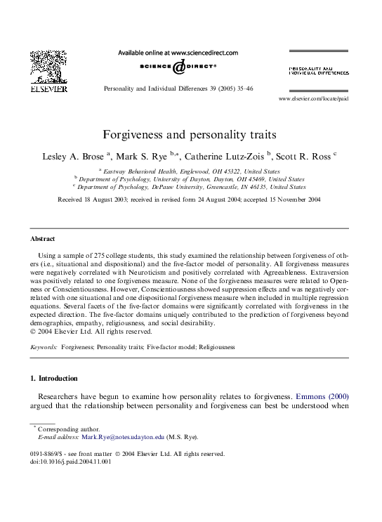 (PDF) Forgiveness and personality traits