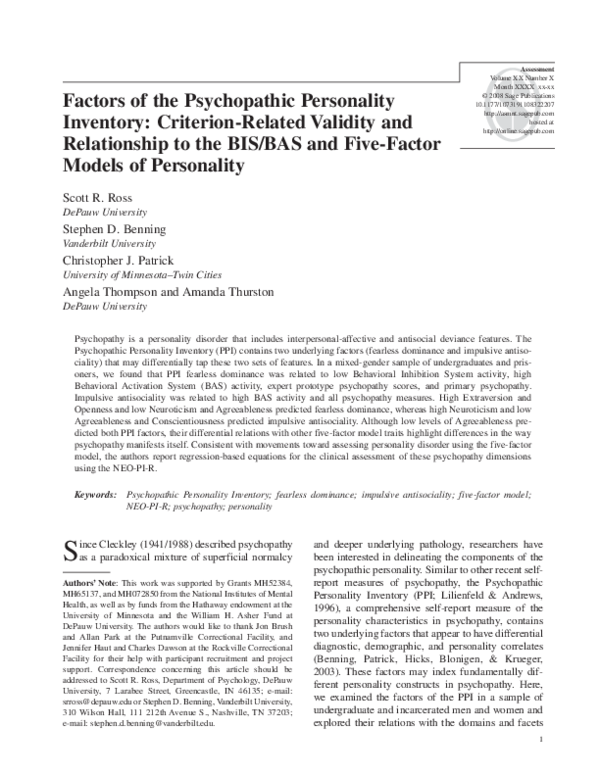 (PDF) Factors of the Psychopathic Personality Inventory