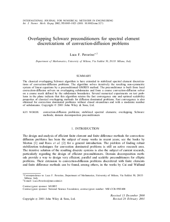 (PDF) Overlapping Schwarz preconditioners for spectral element discretizations of convection ...