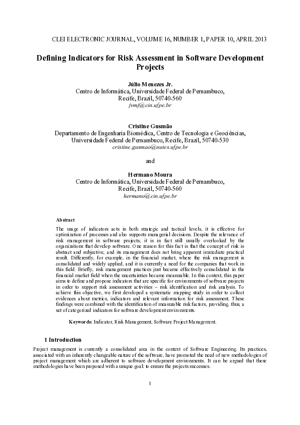 (PDF) Defining Indicators for Risk Assessment in Software Development ...