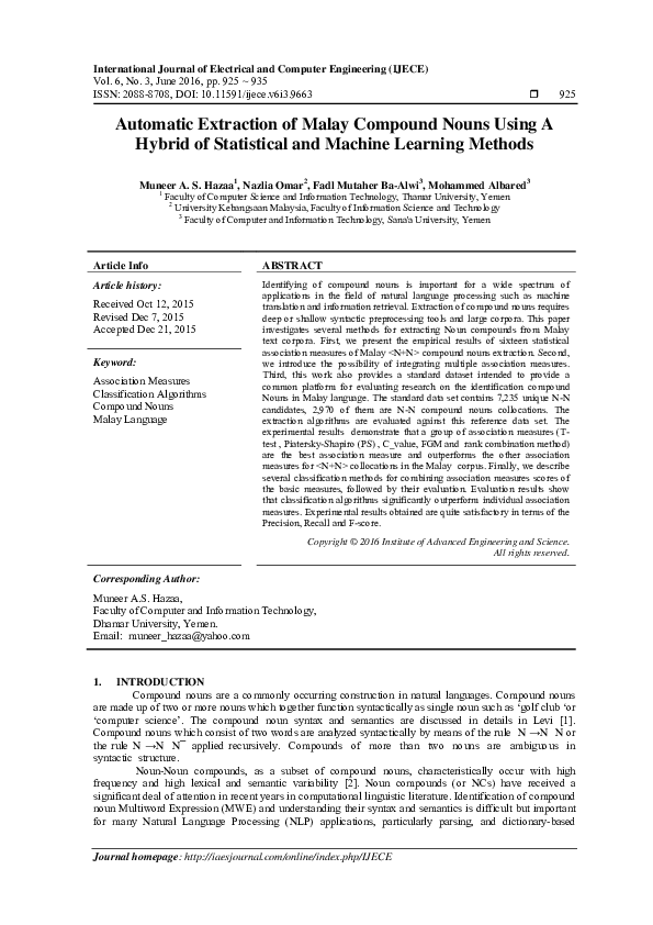 Pdf Automatic Extraction Of Malay Compound Nouns Using A Hybrid Of