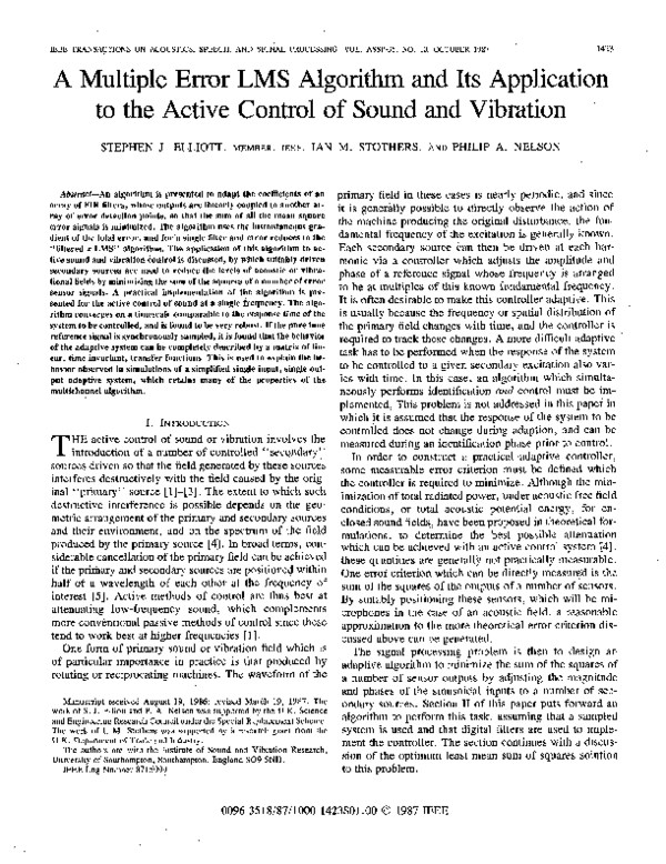 Pdf A Multiple Error Lms Algorithm And Its Application To The Active Control Of Sound And