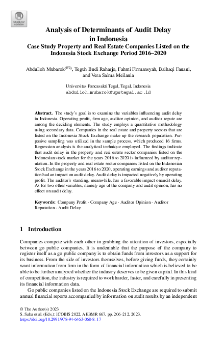 (PDF) Analysis of Determinants of Audit Delay in Indonesia