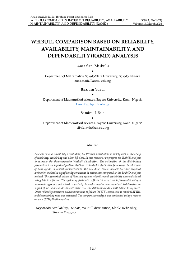 (PDF) WEIBULL COMPARISON BASED ON RELIABILITY, AVAILABILITY, MAINTAINABILITY, AND DEPENDABILITY ...