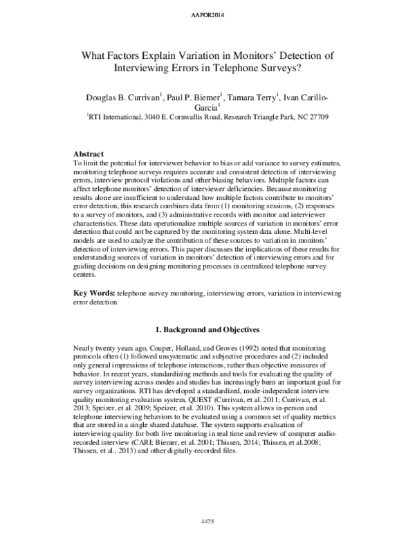 (PDF) What Factors Explain Variation in Monitors ’ Detection of Interviewing Errors in Telephone ...