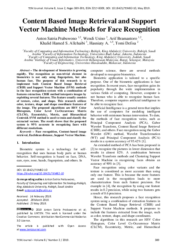 Pdf Content Based Image Retrieval And Support Vector Machine Methods For Face Recognition