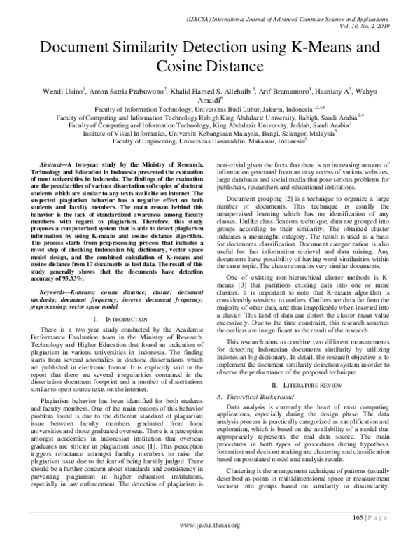 (PDF) Document Similarity Detection using K-Means and Cosine Distance