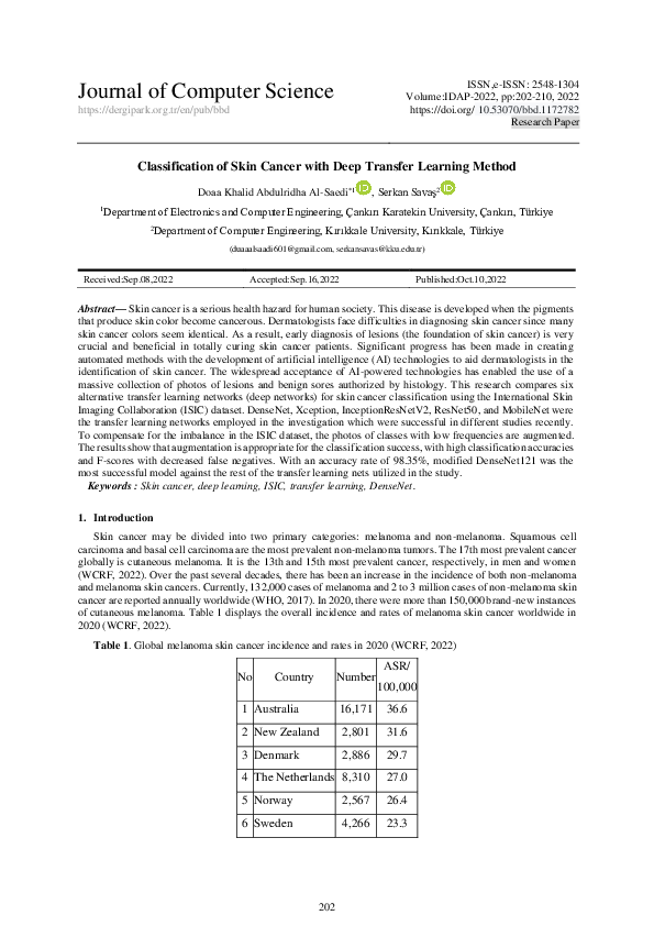 (PDF) Classification of Skin Cancer with Deep Transfer Learning Method