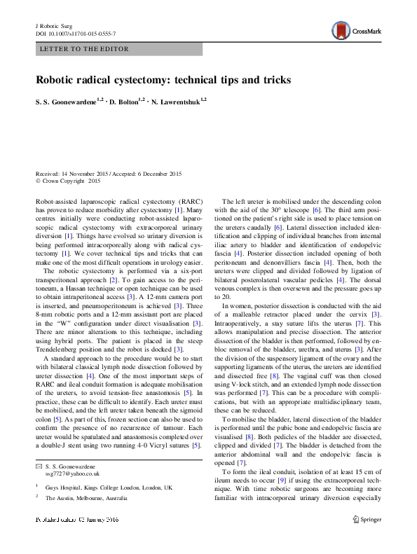 (PDF) Robotic radical cystectomy: technical tips and tricks