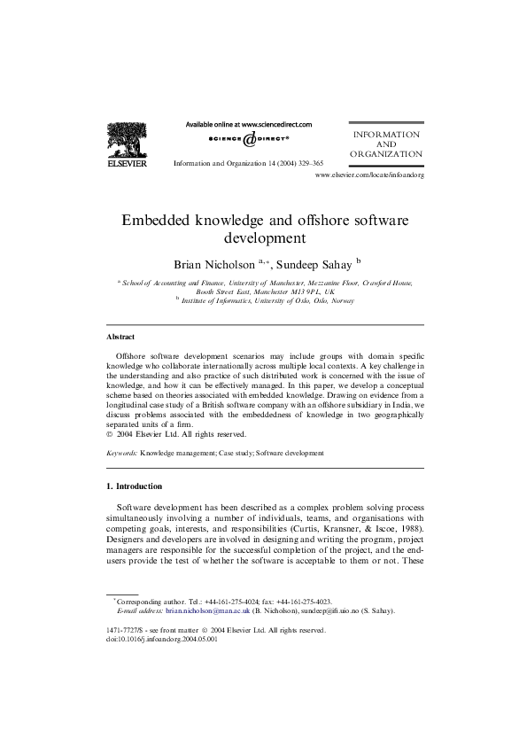 (PDF) Embedded knowledge and offshore software development