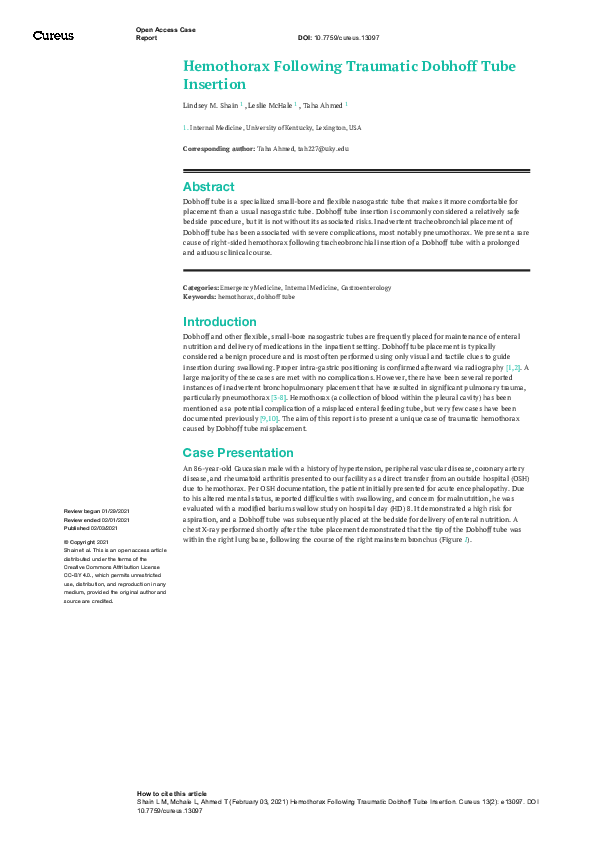 (PDF) Hemothorax Following Traumatic Dobhoff Tube Insertion