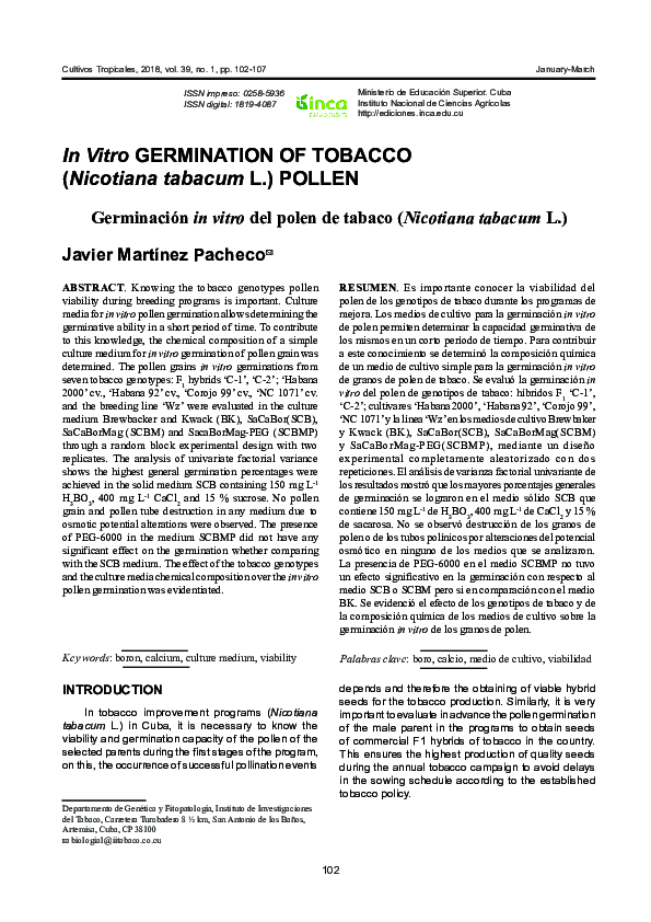 (PDF) GERMINACIÓN in vitro DEL POLEN DE TABACO (Nicotiana tabacum L.)