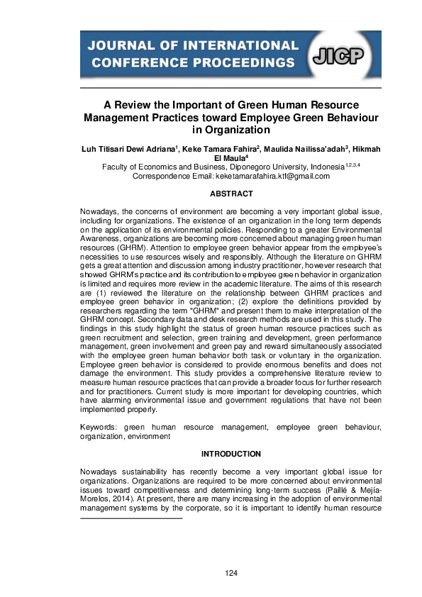 (PDF) Impact of Green HRM on Employee Behavior