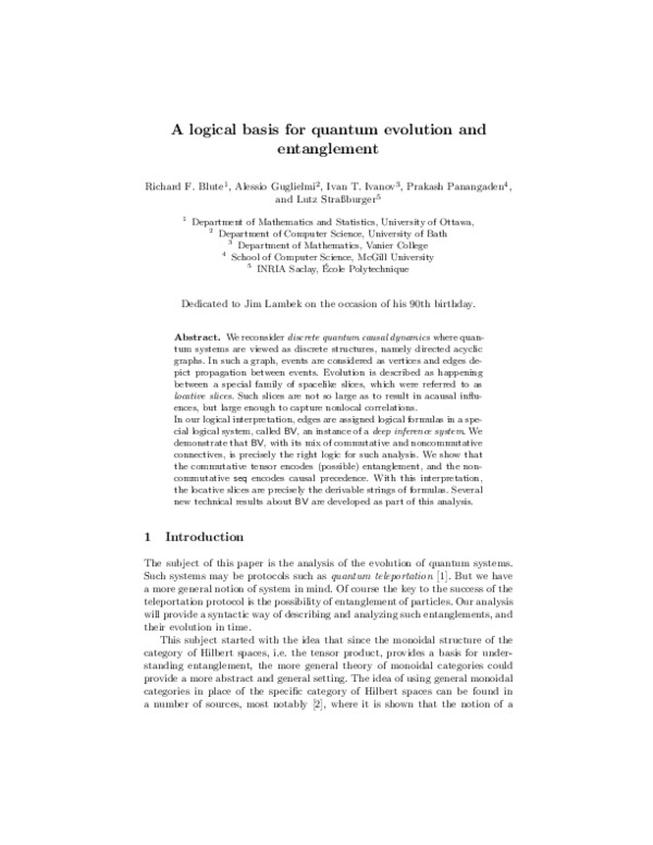 (PDF) A Logical Basis for Quantum Evolution and Entanglement