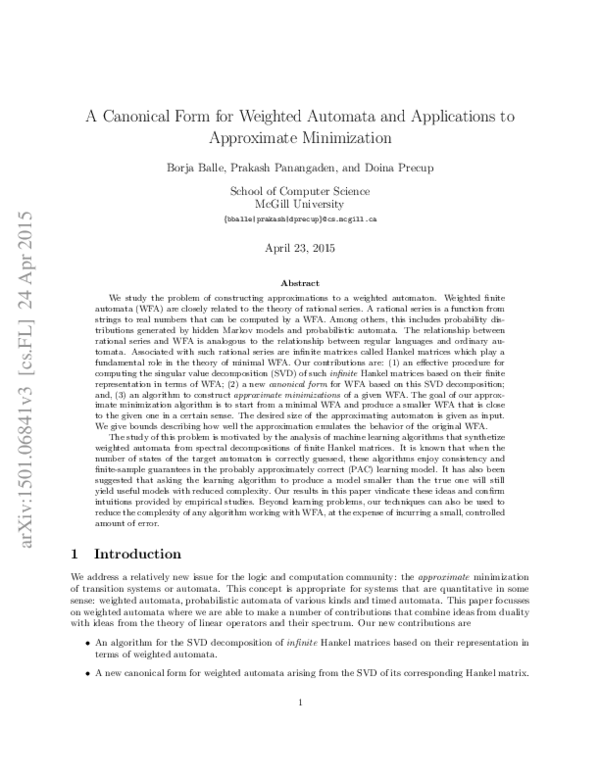 Pdf A Canonical Form For Weighted Automata And Applications To Approximate Minimization