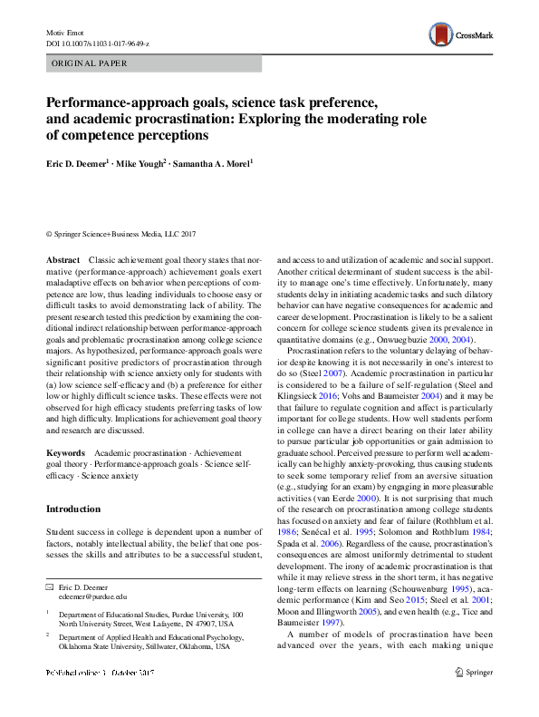 (PDF) Performance-approach goals, science task preference, and academic procrastination ...