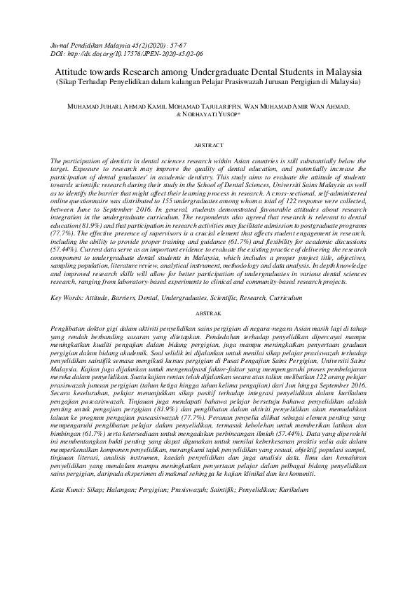 (PDF) Attitude towards Research among Undergraduate Dental Students in Malaysia (Sikap Terhadap ...