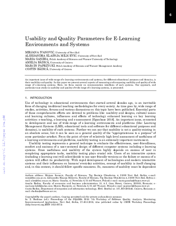 (PDF) Usability and Quality Parameters for E-Learning Environments and Systems
