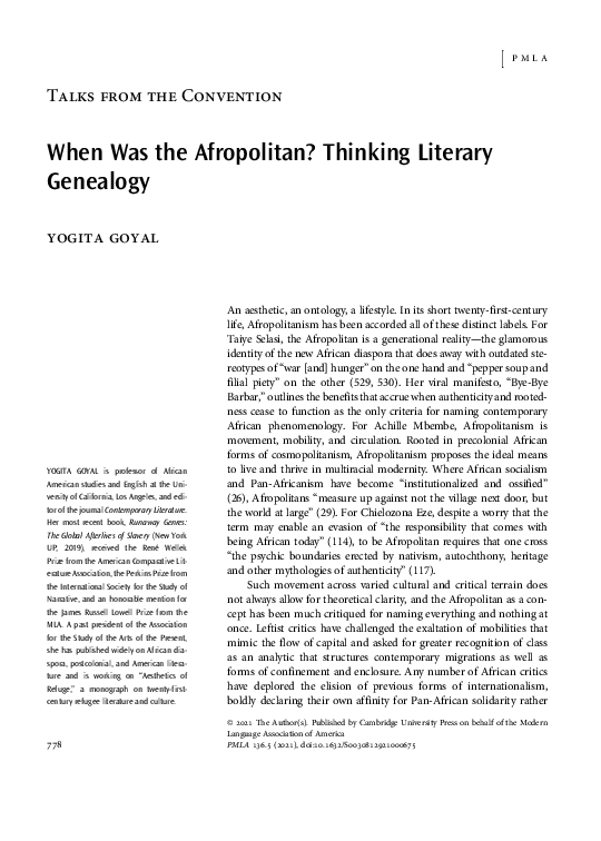 (PDF) When Was the Afropolitan? Thinking Literary Genealogy